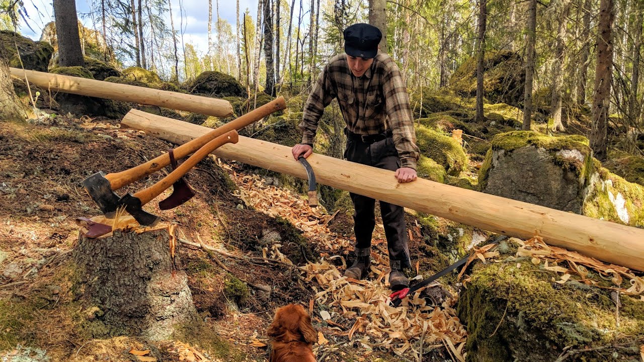 Prepping Timber Logs for Log Cabin 3. 0 -One Man Traditional Log Cabin ...